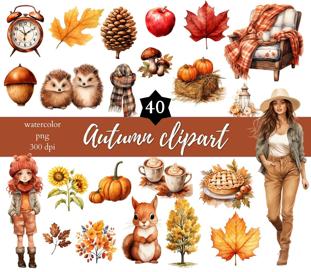 Buy 40 Autumn Watercolor Digital Clipart Set, Png Autumn Clipart Bundle ...