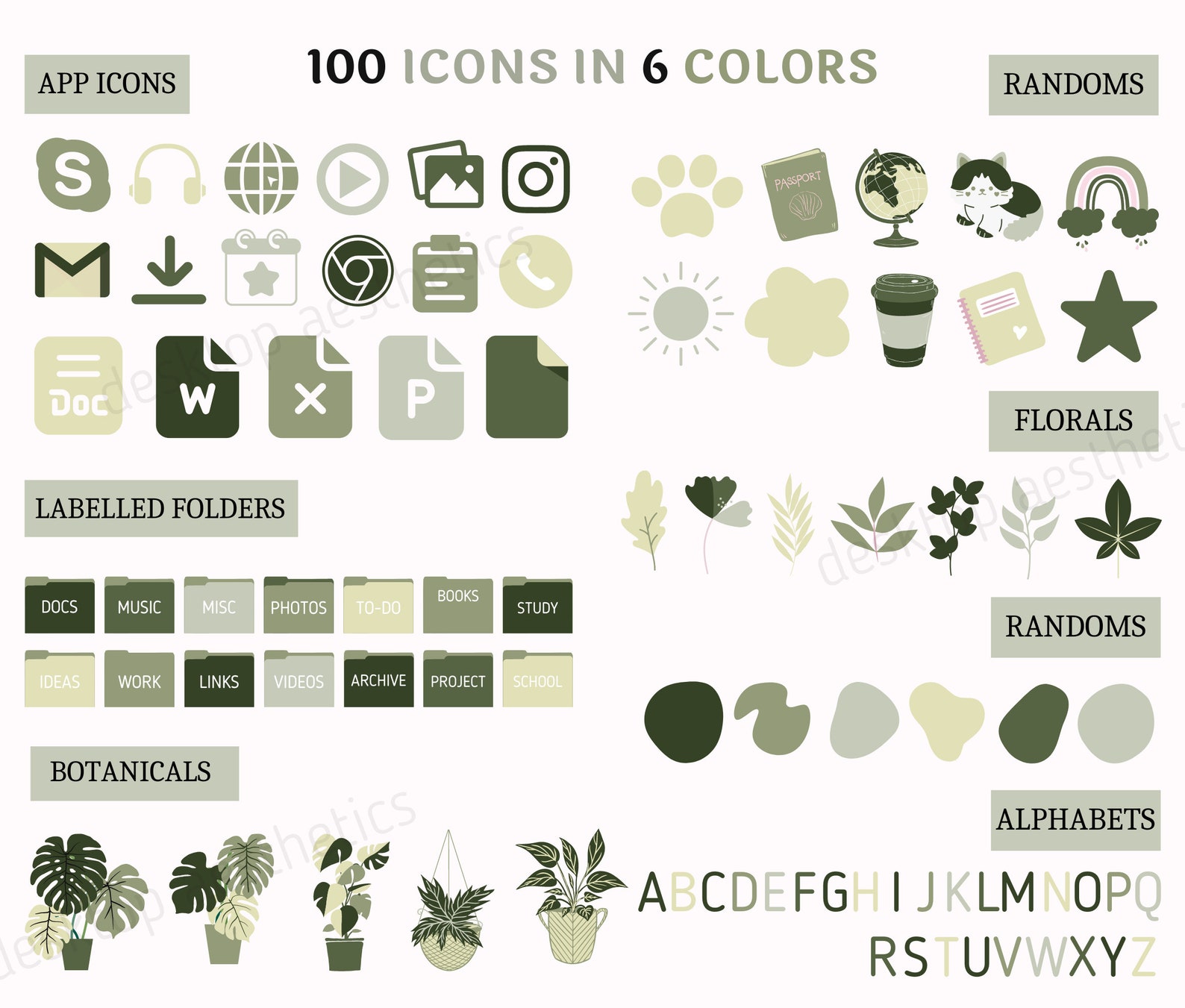 600 Sage Desktop Icons, Desktop Organizer Bundle Botanical Folder Icons ...