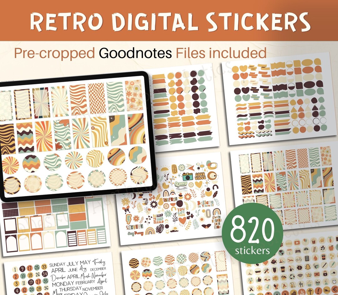 820 Groovy Retro Digital Sticker Bundle | Pre-cropped Goodnotes ...