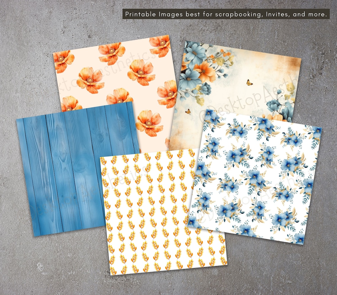 Buy 16 Peach and Blue Floral Digital Paper Pack, Wedding Invitations ...