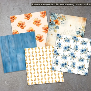 Buy 16 Peach and Blue Floral Digital Paper Pack, Wedding Invitations ...