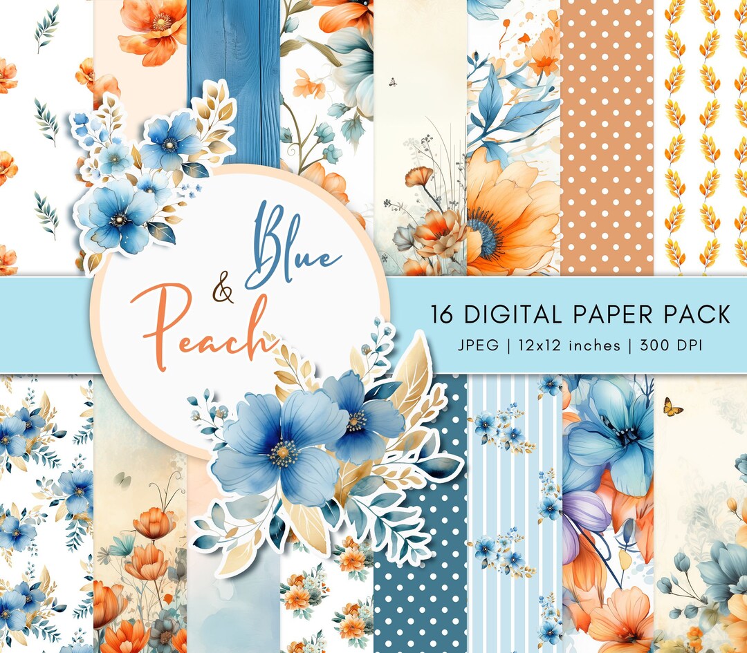Buy 16 Peach and Blue Floral Digital Paper Pack, Wedding Invitations ...
