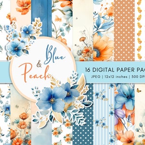 16 Peach and Blue Floral Digital Paper Pack, Wedding Invitations ...