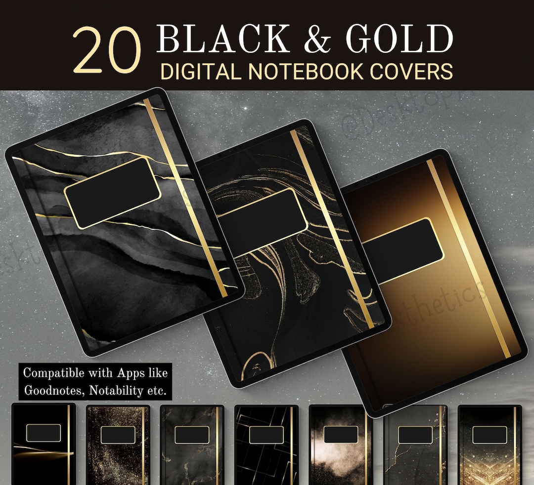 20 Black and Gold Goodnotes Covers, Digital Notebook Covers, Dark Mode ...