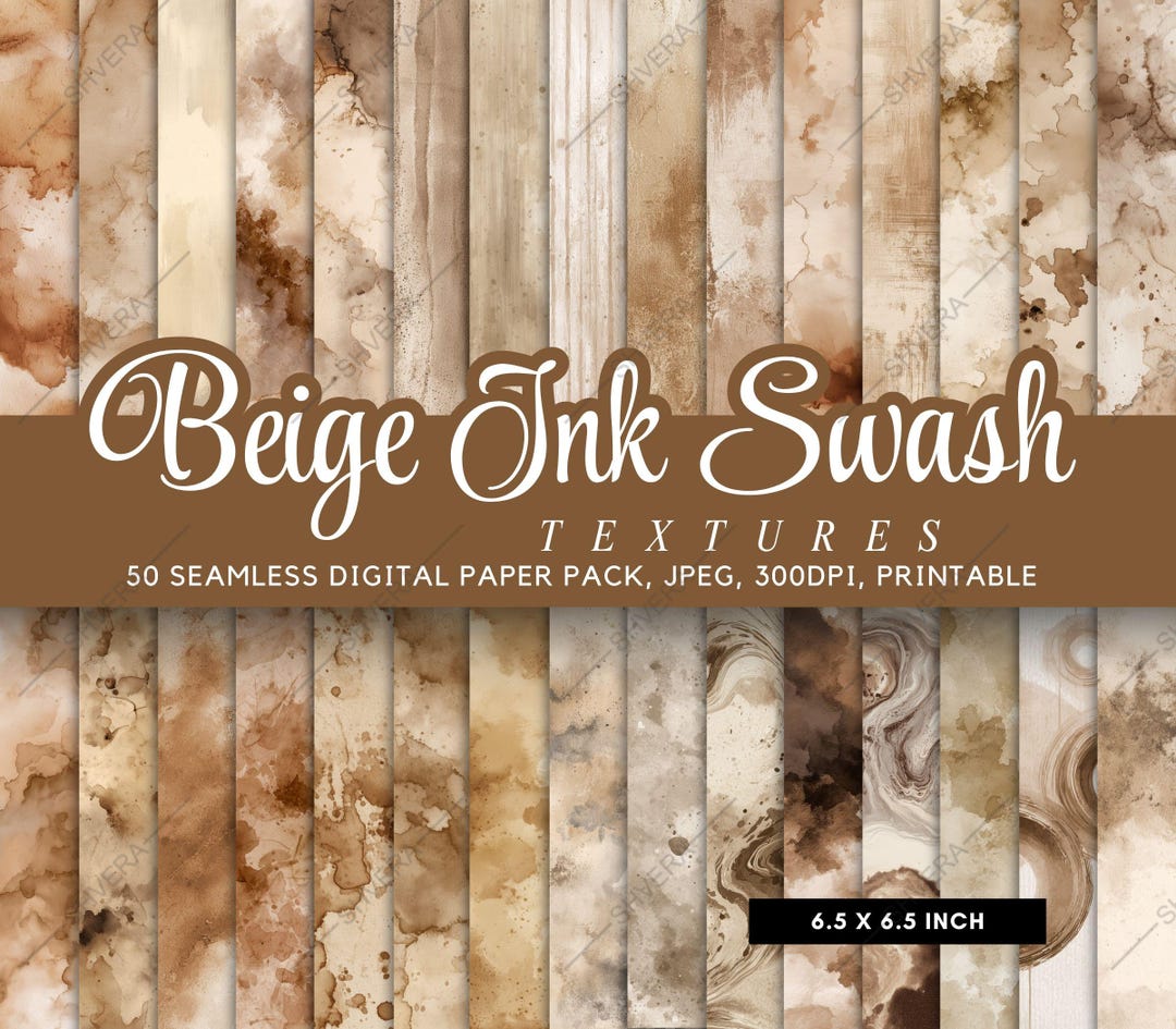 50 Seamless Beige Ink Swash Digital Paper Bundle, Neutral Watercolor ...
