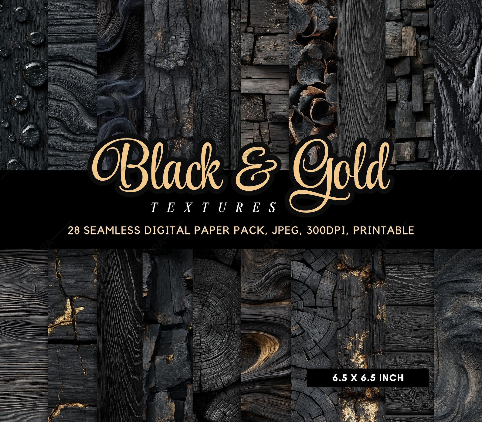 28 Seamless Black and Gold Textures Pack, Charred Wood Digital Paper ...