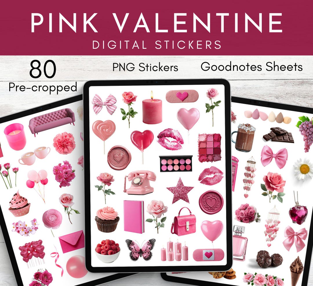 80 Pink Valentine Digital Stickers, Goodnotes, Pre-cropped PNG ...