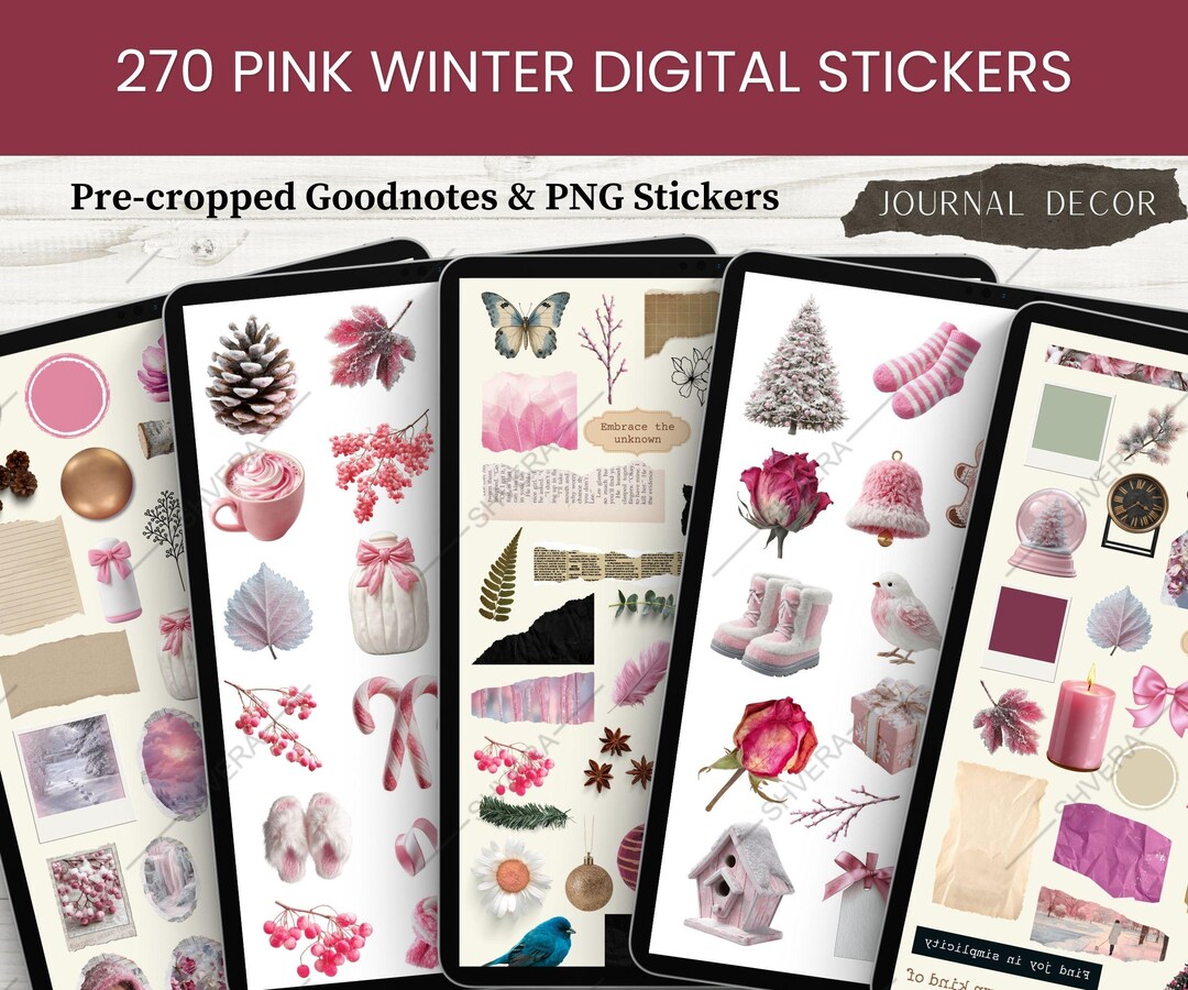 270 Pink Winter Digital Journal Stickers Bundle | Pre-cropped Goodnotes ...