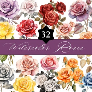 30 Watercolor Roses Digital Clipart Set, Png Watercolor Flower Set ...