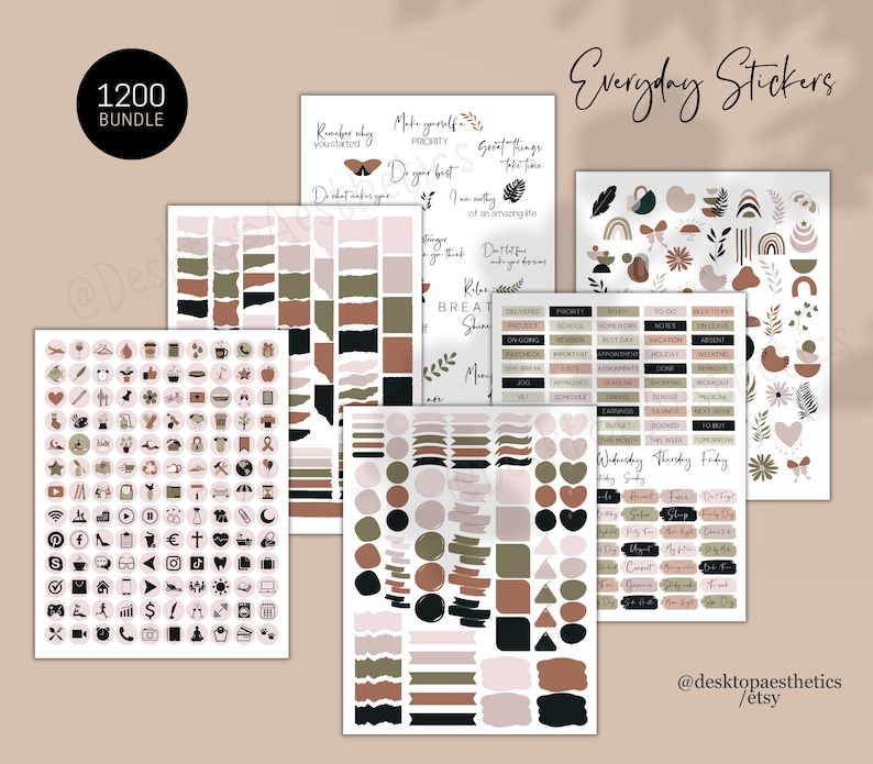 1200 Boho Chic Digital Stickers Bundle for Goodnotes, PNG Stickers, Pre ...