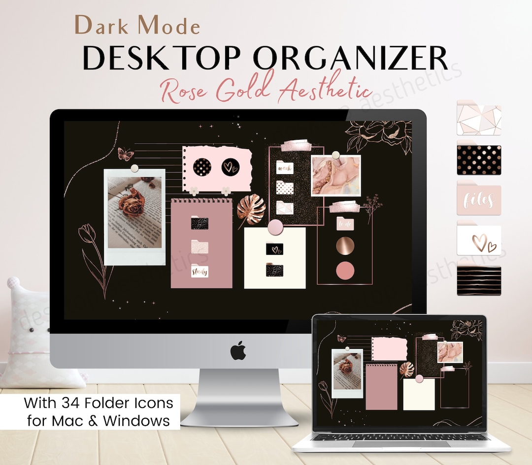 Dark Mode Rose Gold Aesthetic Desktop Organizer With 34 Desktop Chic ...