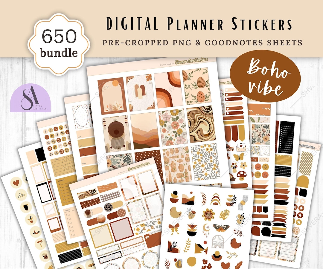 650 Boho Vibe Digital Stickers Bundle for Goodnotes, PNG Stickers, Pre ...