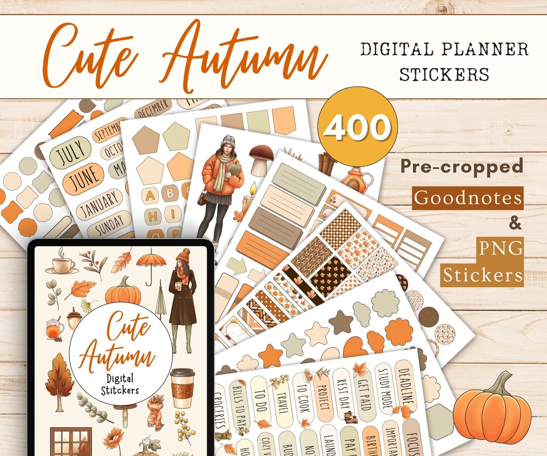 400 Cute Autumn Digital Sticker Bundle, Fall Stickers, Pre-cropped Png ...