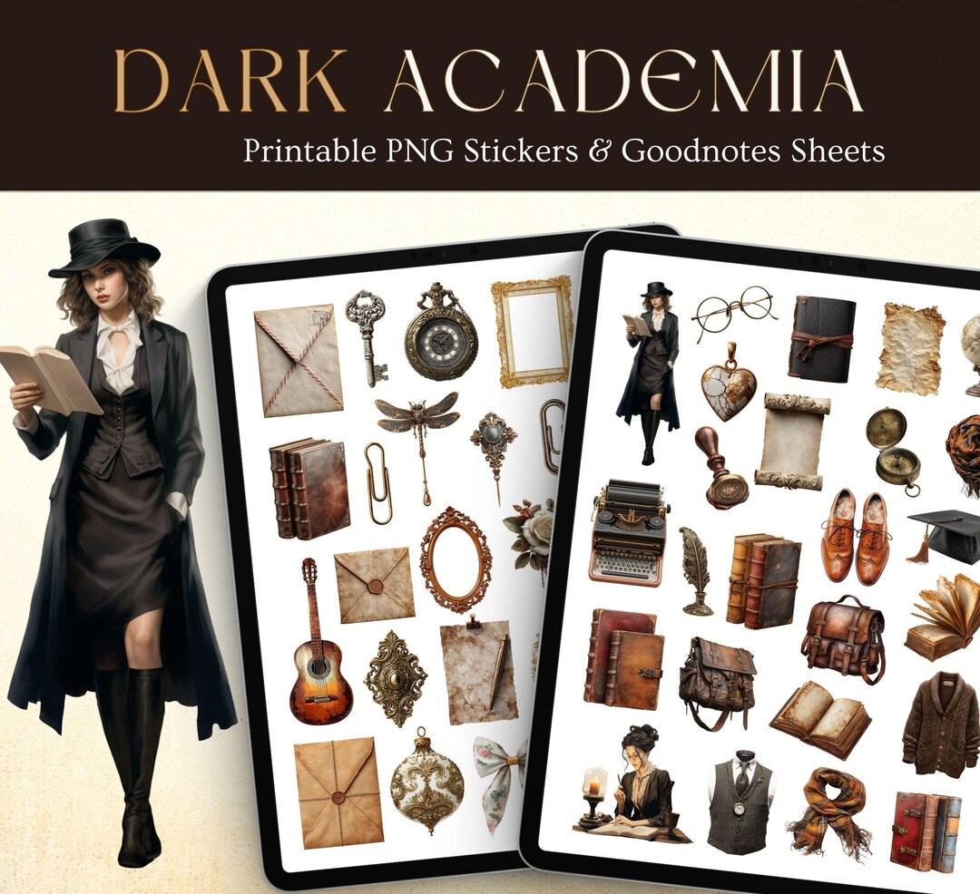 50 Dark Academia Printable Digital Stickers, Goodnotes, Pre-cropped PNG ...