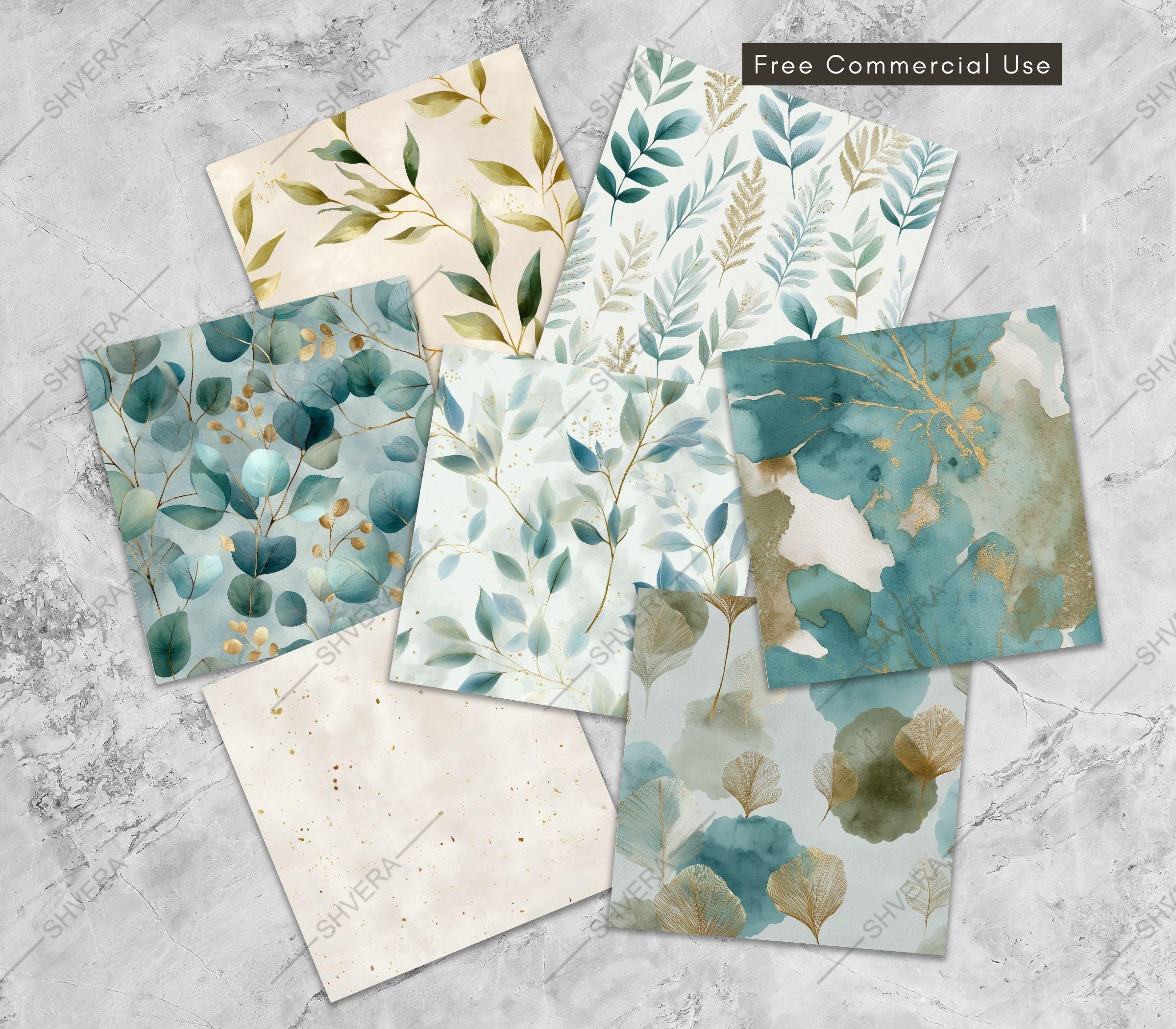 25 Seamless Blue Botanical Digital Paper Bundle, Teal Gold Floral ...