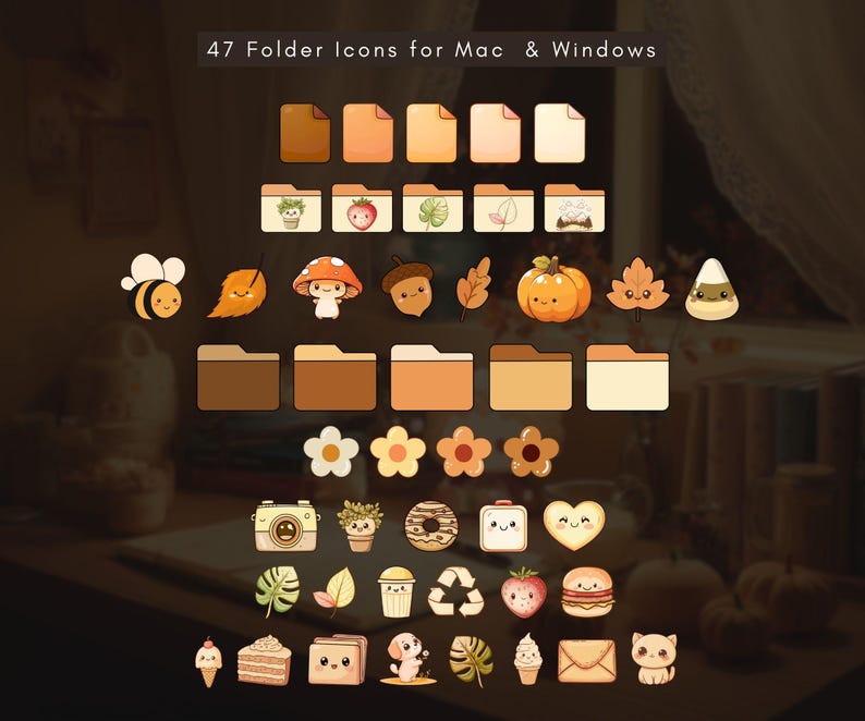Kawaii Autumn Desktop Organizer, Fall Aesthetic, 47 Fall Folder Icons ...