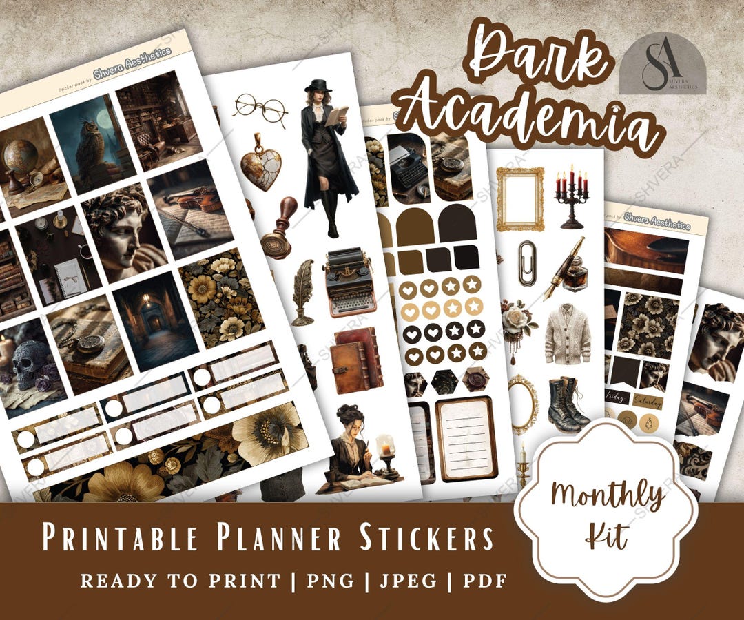 Dark Academia Printable Planner Sticker Sheets, Monthly Planner ...