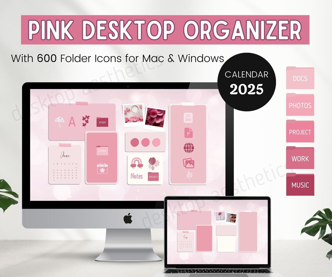PINK Aesthetic Desktop Organizer With 2025 Calendar and 600 Desktop ...