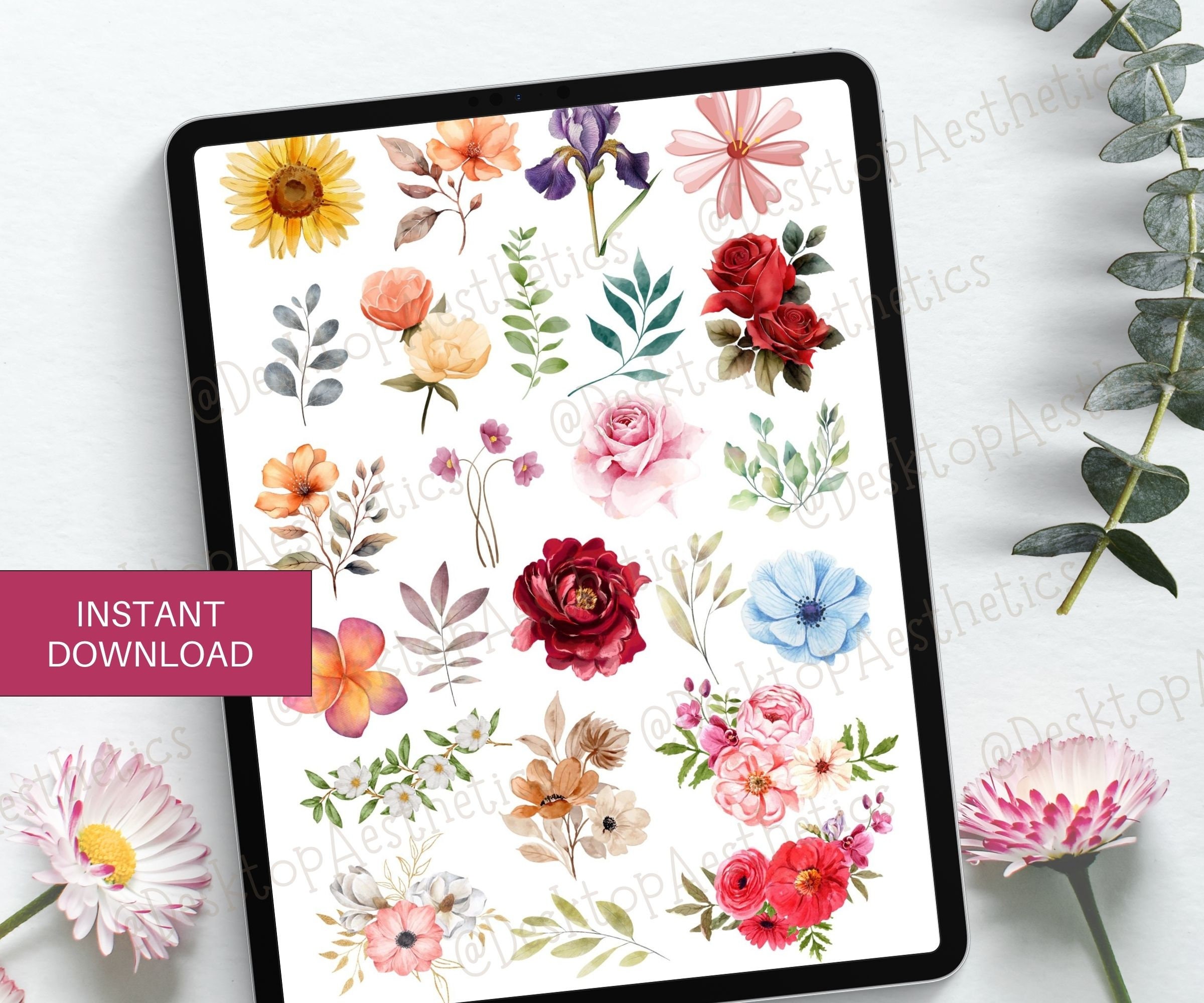 70+ Digital Floral Digital Planner Stickers Pre-cropped for Goodnotes ...