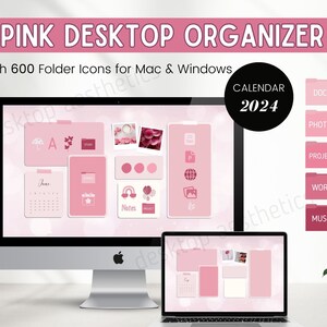 PINK Aesthetic Desktop Organizer With 2024 Calendar and 600 Desktop ...