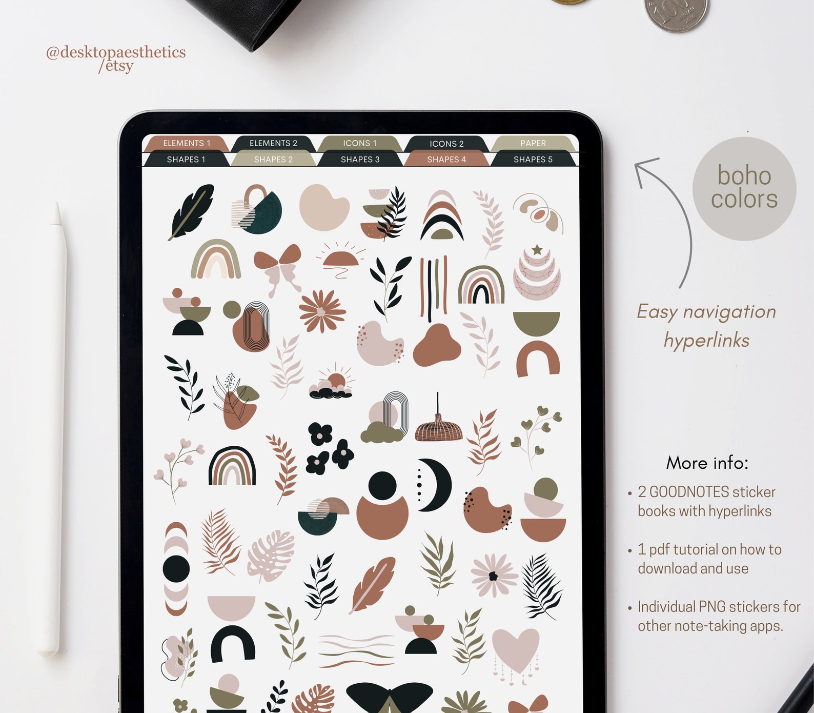 Buy 1200 Boho Chic Digital Stickers Bundle for Goodnotes PNG Online in ...