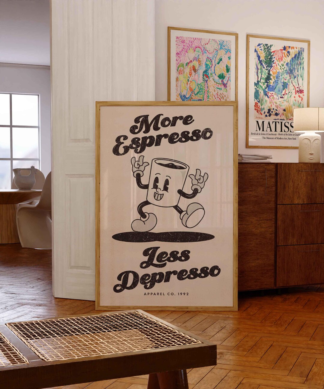 Coffee Poster More Espresso Less Depresso Cartoon Retro Print Wall Art ...
