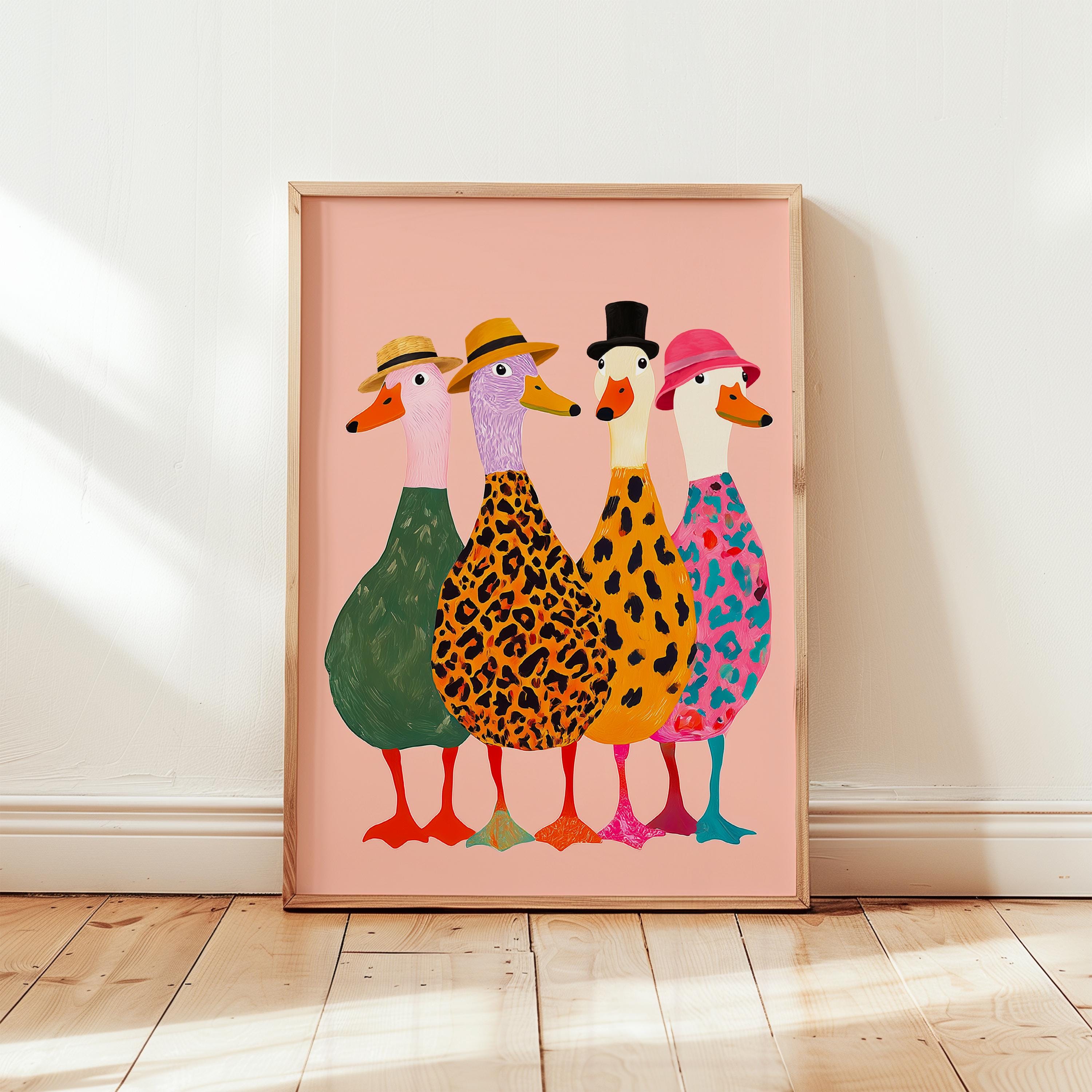 Duck Poster, Colorful Wall Art, Funny Ducks With Hats Print, Trendy ...