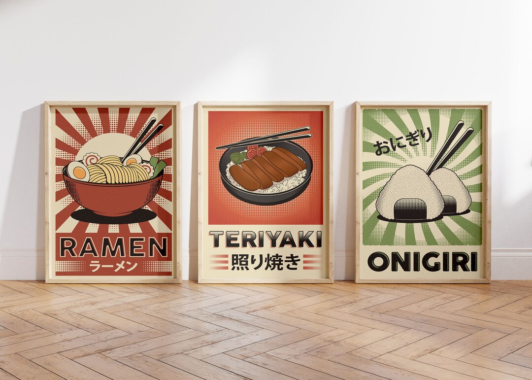 Vintage Set of 3 Japanese Food Posters Retro Kitchen Ramen Teriyaki ...