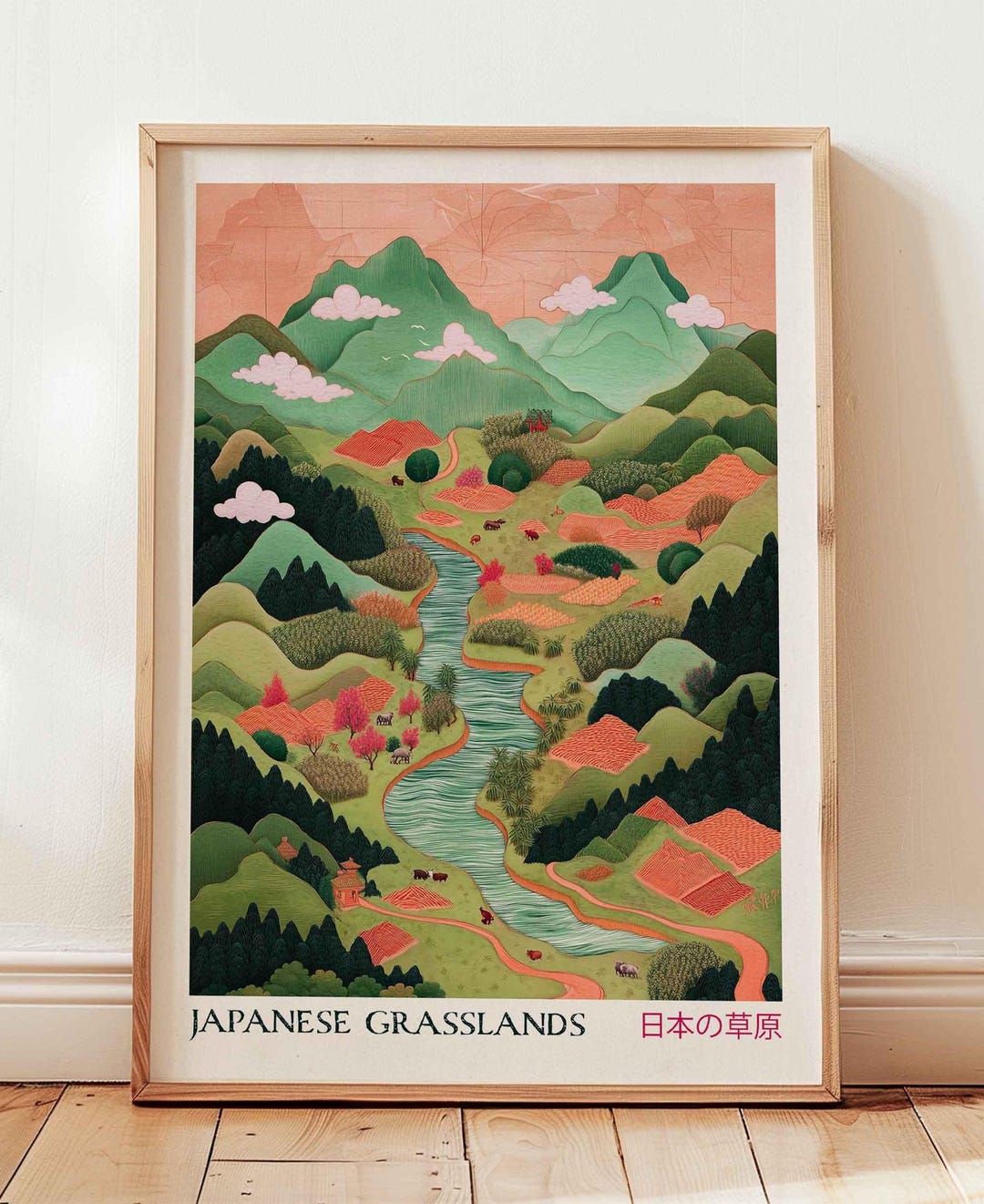 Japanese Grasslands Poster Japanese Art Retro Print Fuji Mountain ...