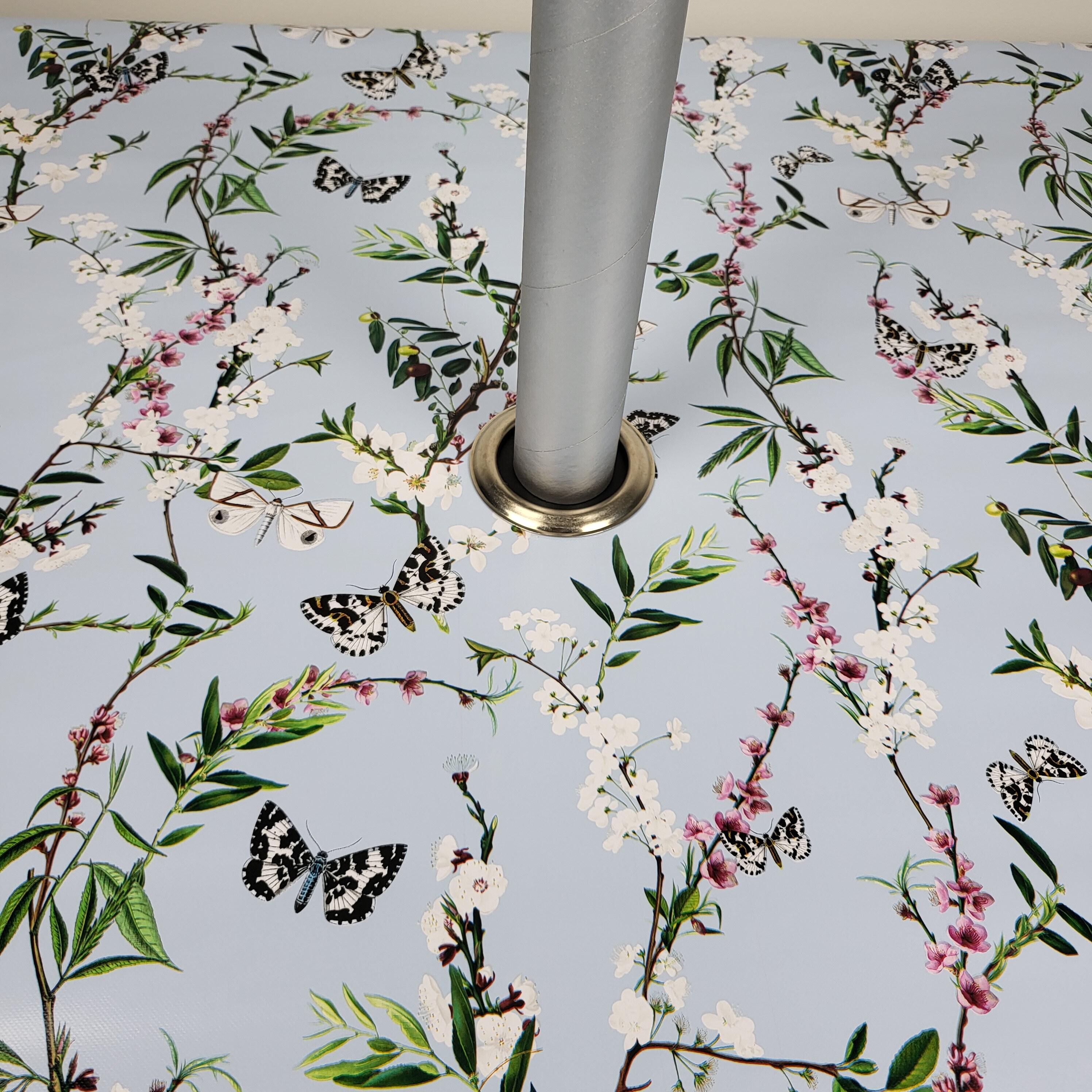 140cm Round PVC Tablecloth With Parasol Hole - Butterfly Floral Blue ...