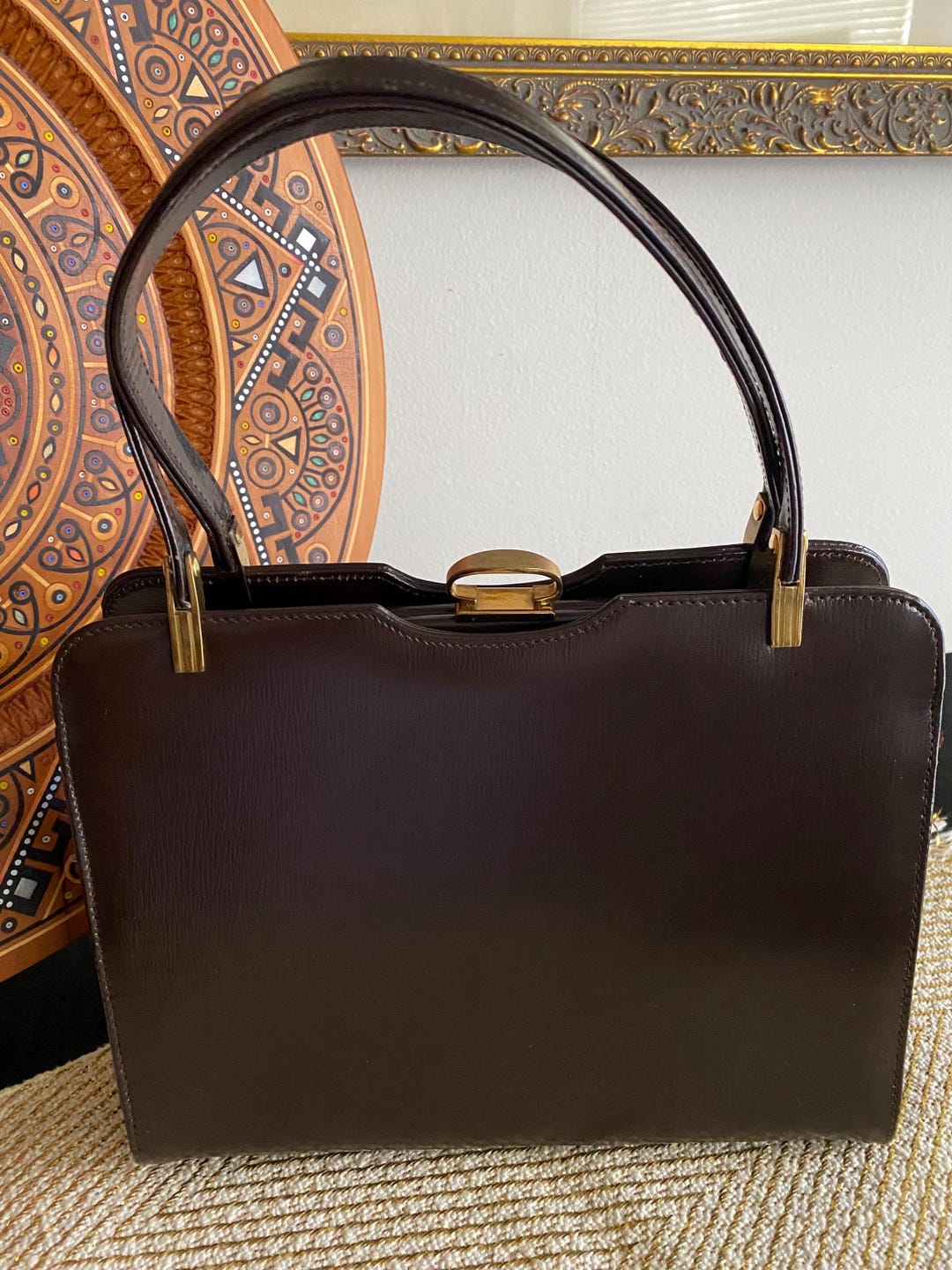Womens 1960s Brown Leather Double Handle Handbag With Gold Tone ...