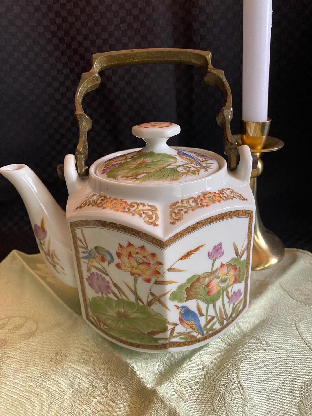 Vintage Shafford Porcelain Teapot: Japanese Lotus Bird Design, Brass ...
