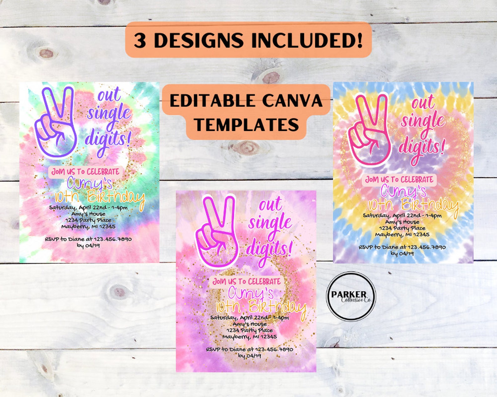 Editable Tie Dye Birthday Party Invitation, Peace Out Single Digits ...