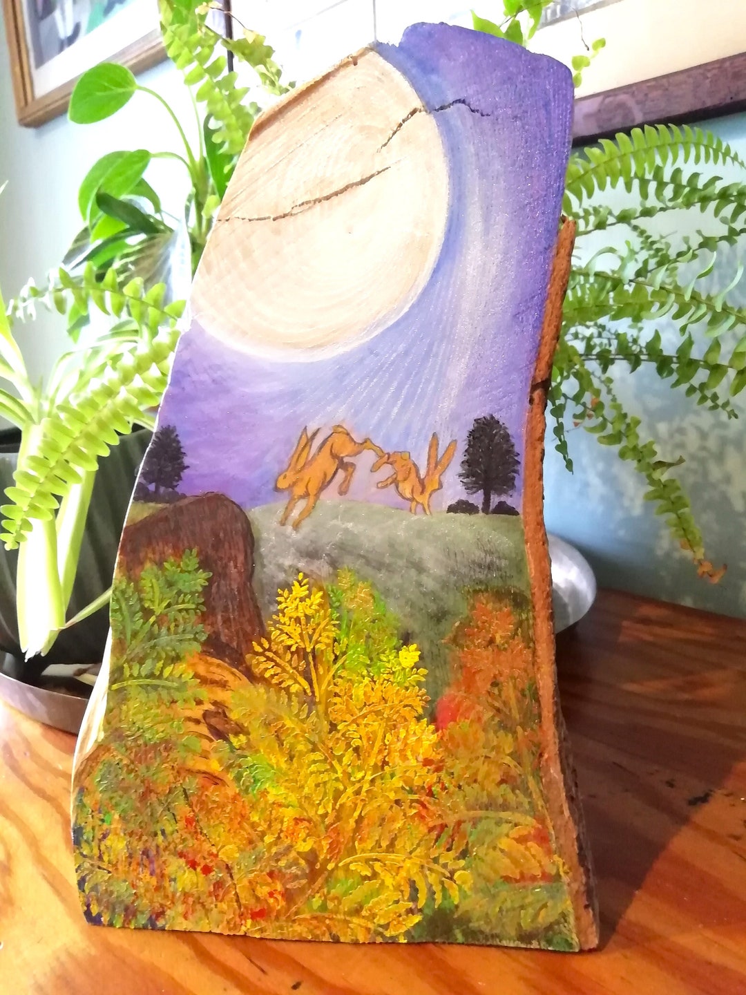 Hare in Moon Painted Wood Sculpture Ornament Hares in Moonlight ...