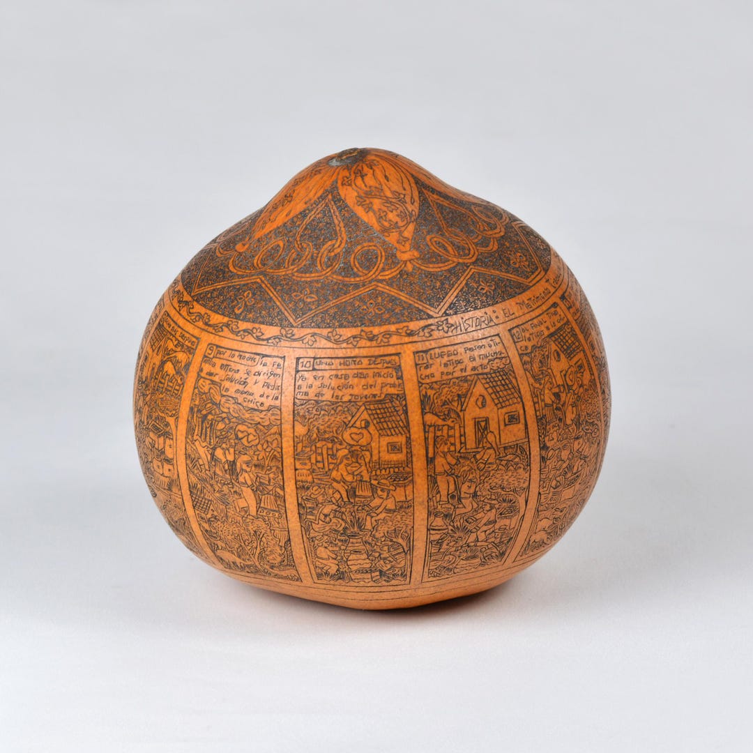 Vintage Very Detailed Peruvian Folk Gourd Art Hand Engraved 12 Scenes ...