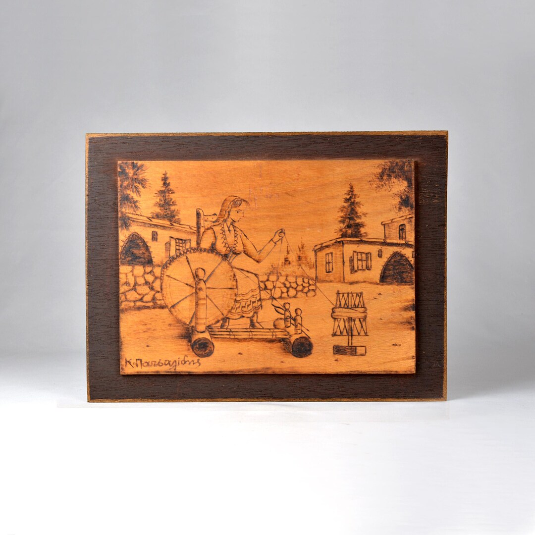 Vintage Pyrography Art Wall Hanging Wooden Plaque Girl With Spinning ...