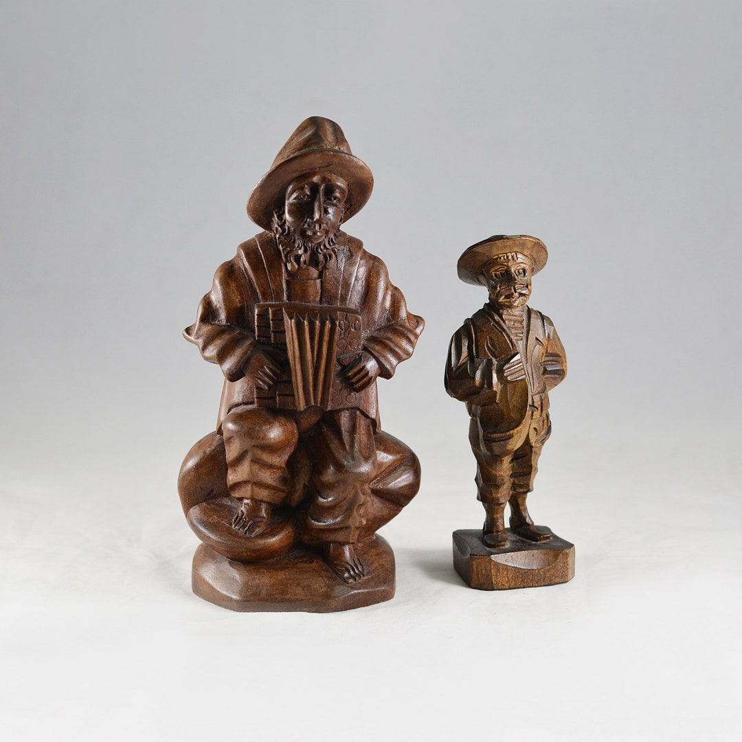 Vintage Hand Carved Small Wooden Statues Man Playing Accordion and ...