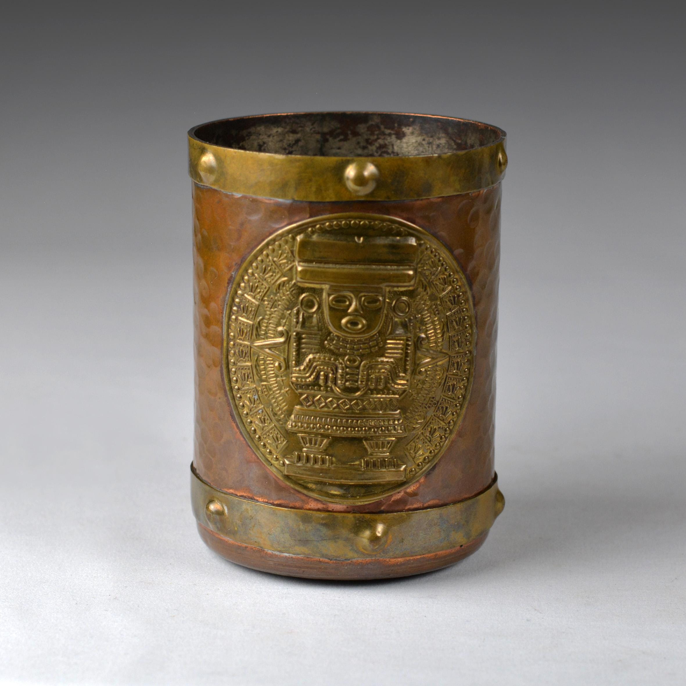 Vintage Hammered Metal Mayan Calendar Tankard Mug, Mesoamerican Folk ...