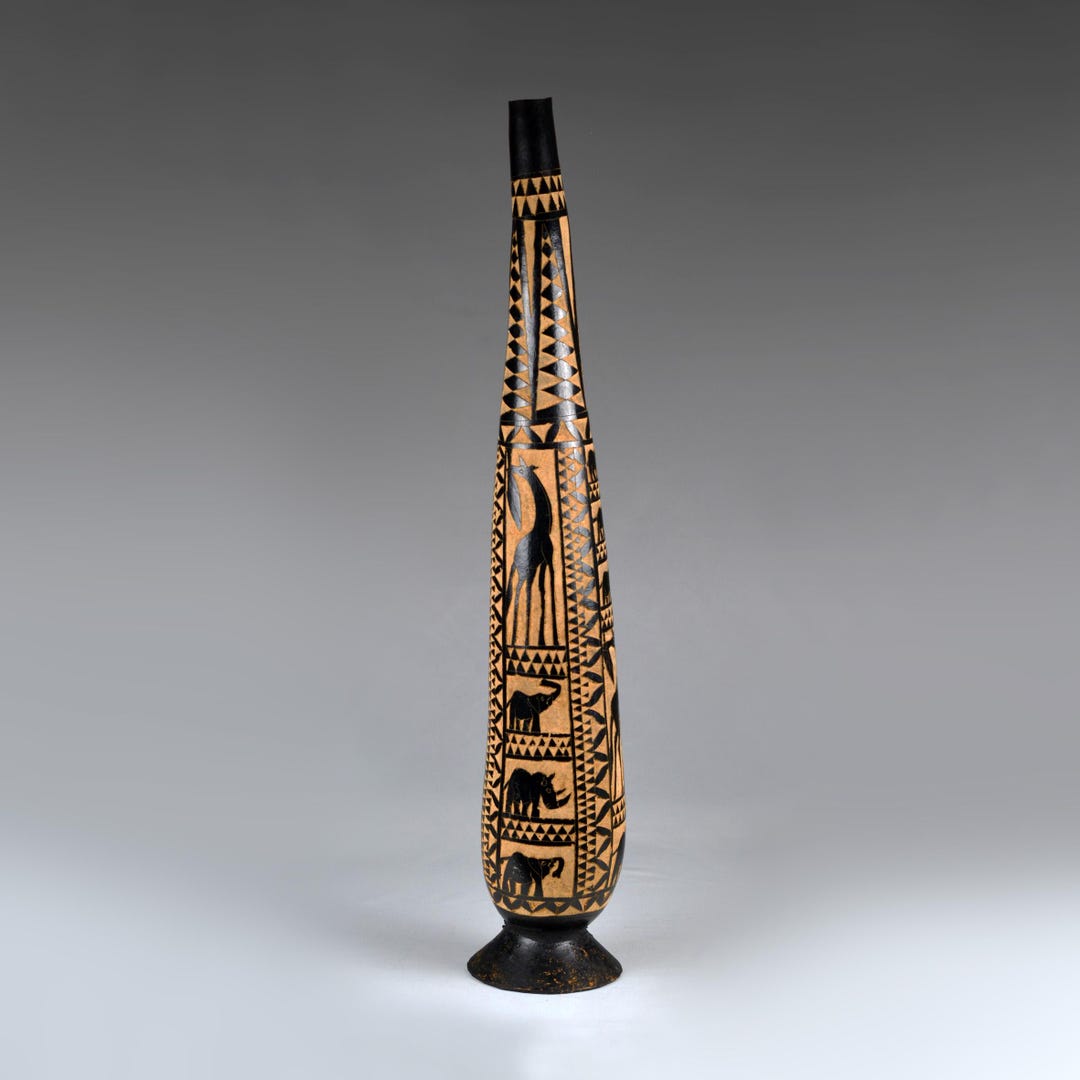Vintage Hand Carved African Calabash Vase: Safari Animal Motifs, Folk ...