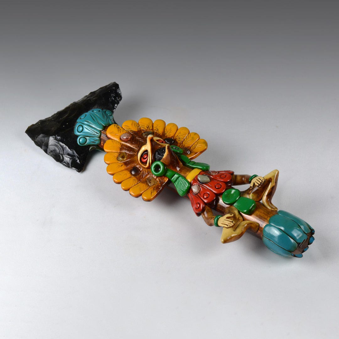 Vintage Mexican Folk Art Aztec Warrior Deity Obsidian Sacrificial Axe ...