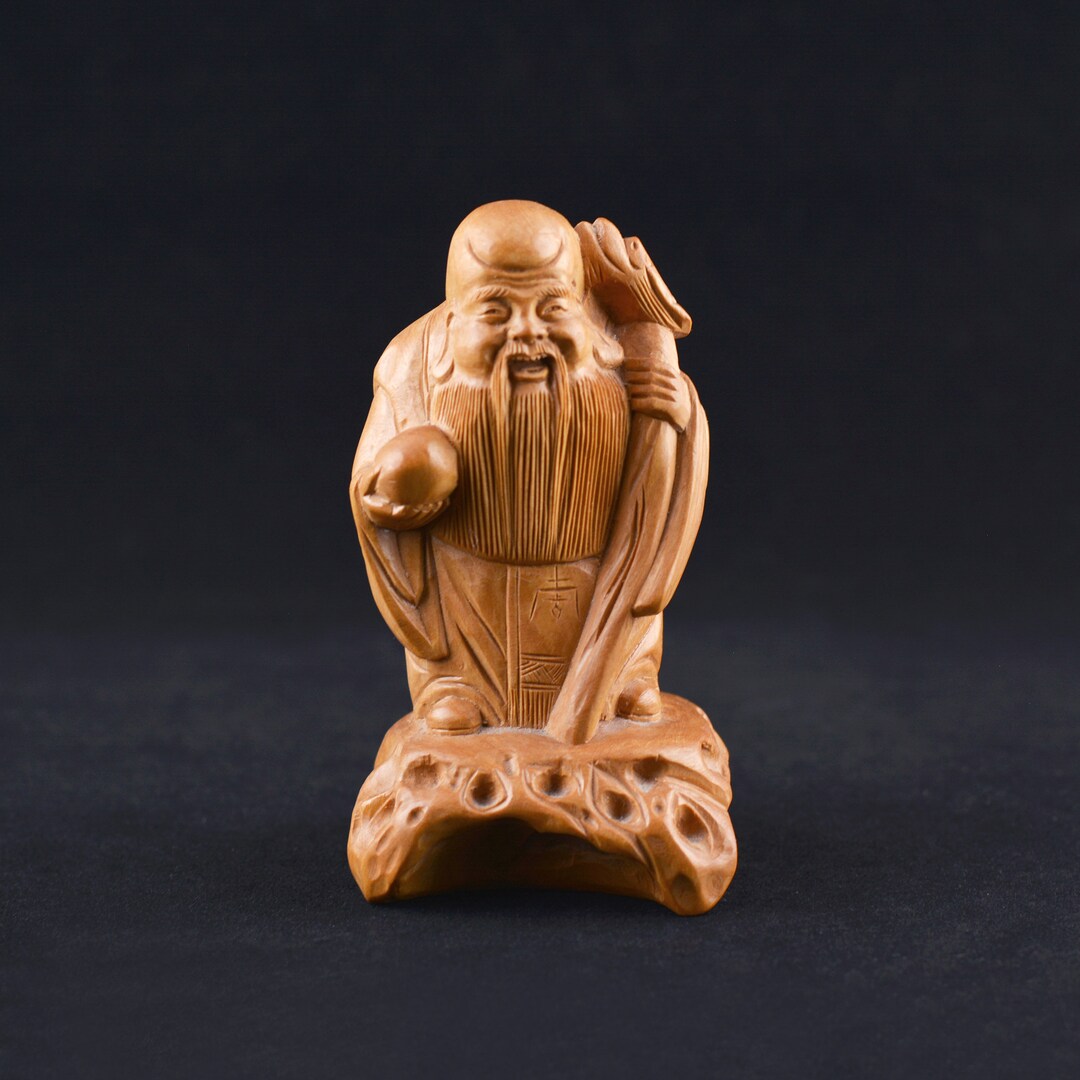 Small Chinese Taoist Art Wood Carving God of Longevity Statue Shoulao ...