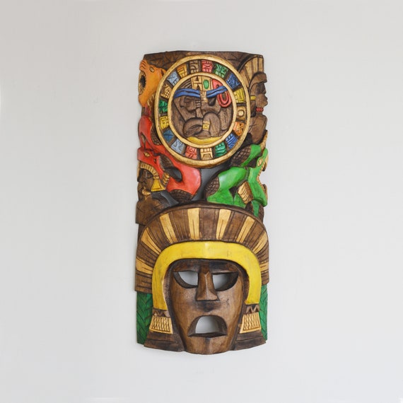 Large Hand Carved Mayan/aztec Warrior Wood Mask With Calender - Etsy