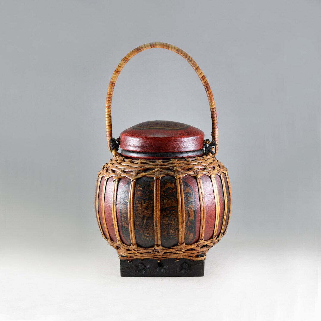 Large and Heavy Vintage Thai Traditional Bamboo Woven Lacquered and ...