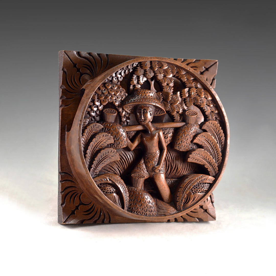 Vintage Thai Art Hand Carved Wood Panel Man Carrying Rice Sheaves Very ...