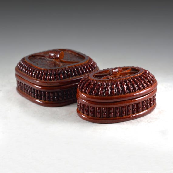 Vintage Japanese Lacquered Bamboo Trinket Boxes: Bead… - Gem