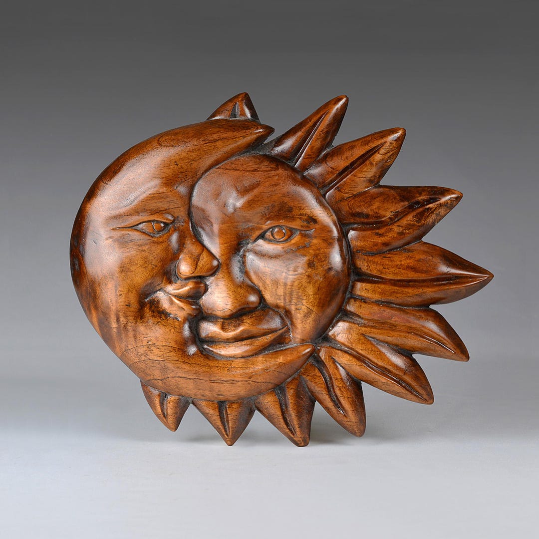 Vintage Hand Carved Wind Blown Sun and Moon Decor Wall Art Plaque 11.3 ...