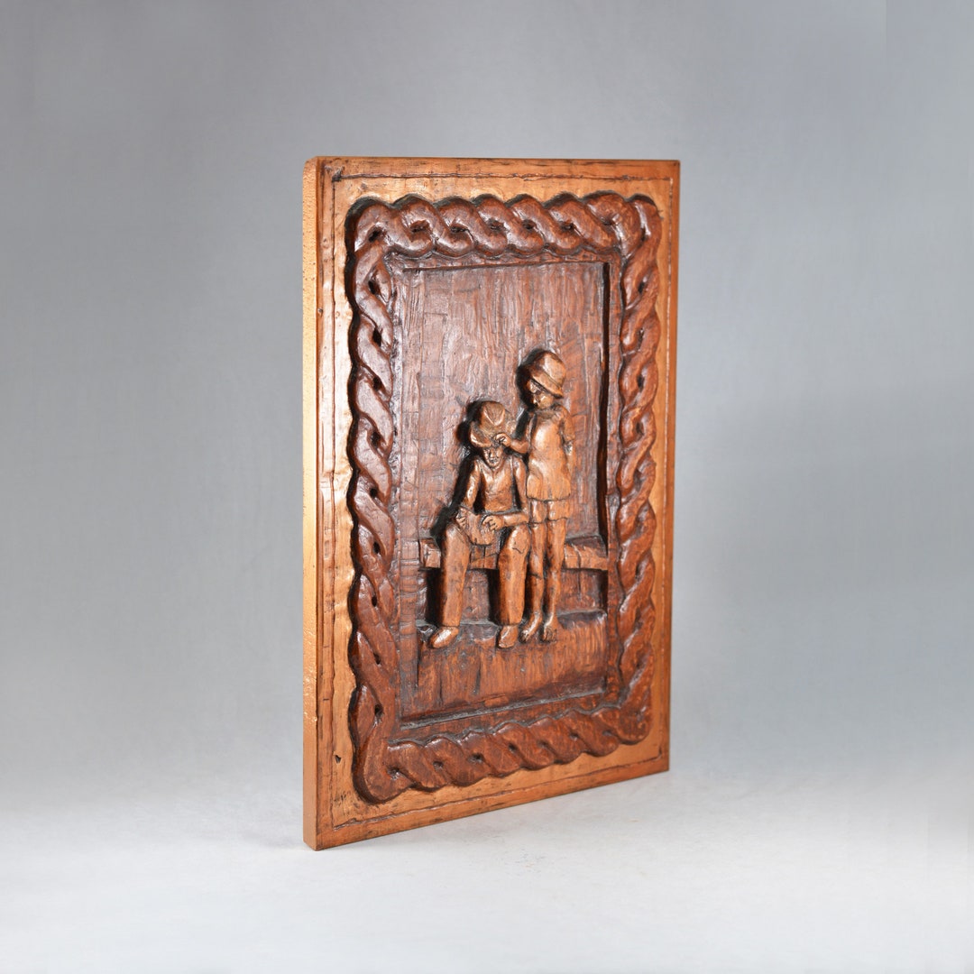 Vintage Signed Hand Carved Wood Relief Panel Childhood Memories 14.5/36 ...