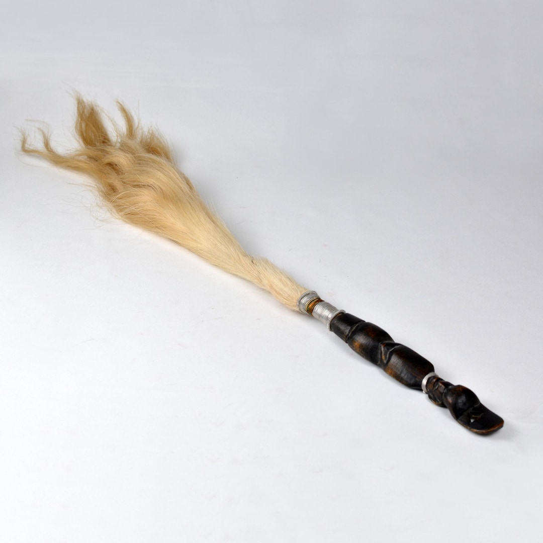 Vintage Handcrafted Horse Tail Fly Swatter With Carved African Figure ...