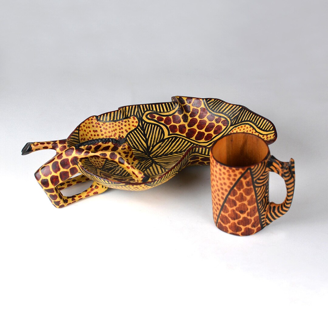 Vintage Hand Carved Wood Giraffe Bowl and Cup: East African Folk Art ...