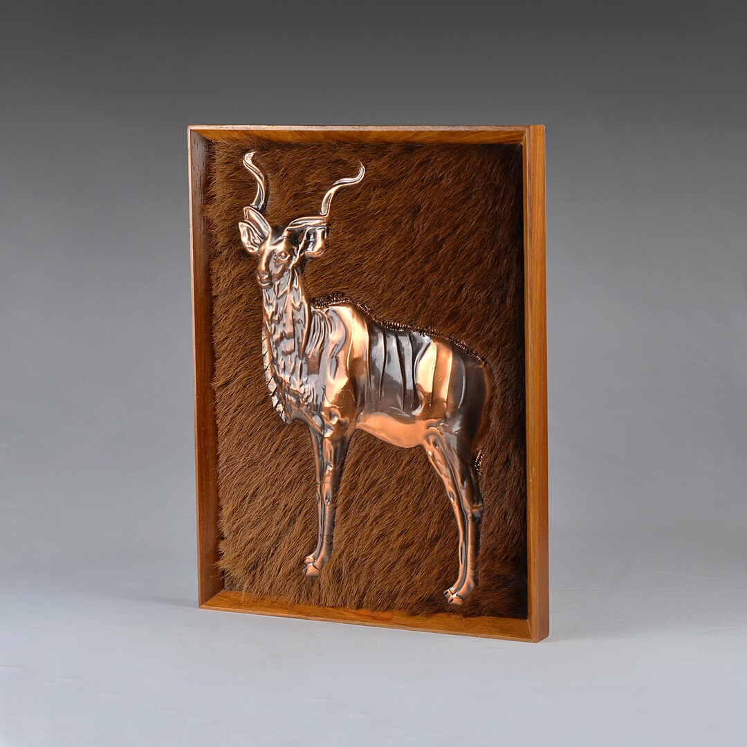 Vintage African Folk Art Kudu Engraving: Copper Painting in Fur & Wood ...